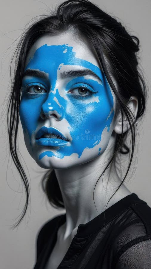 A Model Poses with Vibrant Blue Face Paint, Highlighting Her Features ...