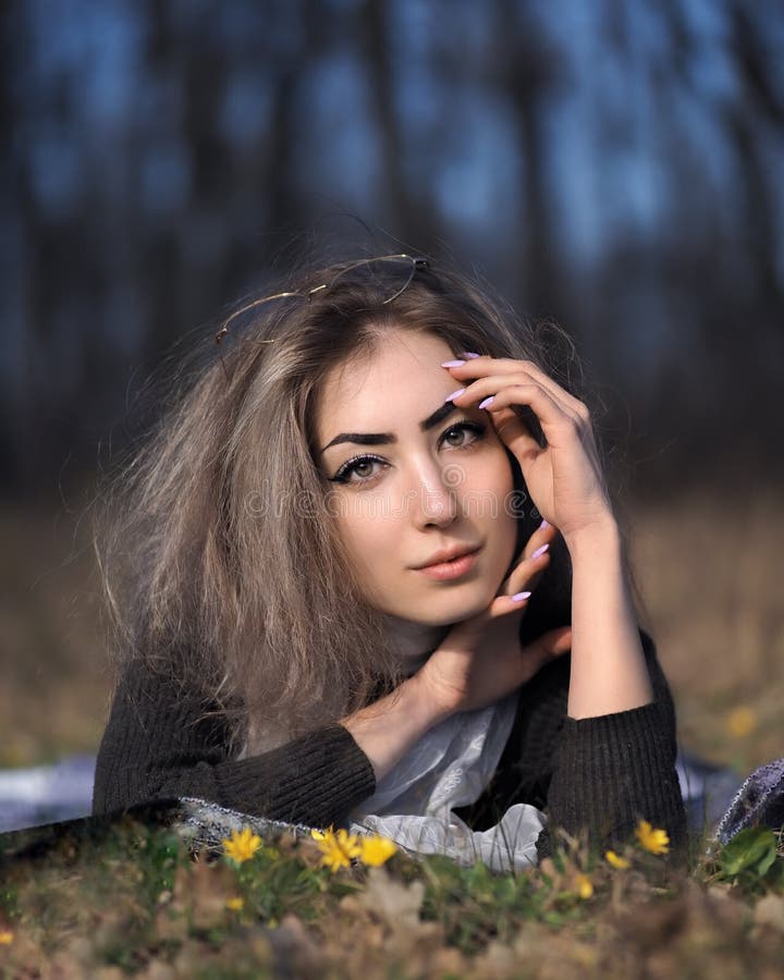 Model Posing at the Forest with Flowers Stock Photo - Image of ...