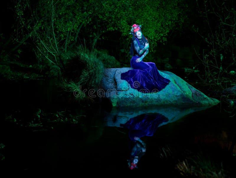 Night Model in Mountain Scenery and Illuminated with Lights Stock Photo ...
