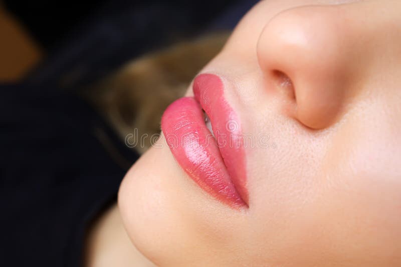 Model after the Procedure of Permanent Lip Makeup Stock Image - Image ...
