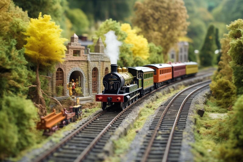 A Model Railway Layout with a Toy Passenger Train Stock Photo - Image ...