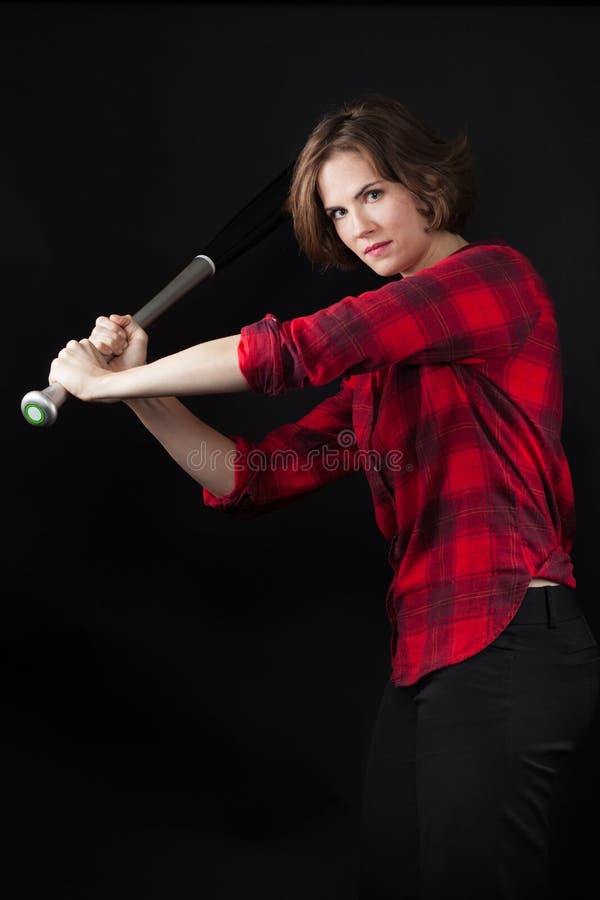 Model Red Flannel Shirt Swinging Baseball Bat Stock Photo - Image of ...