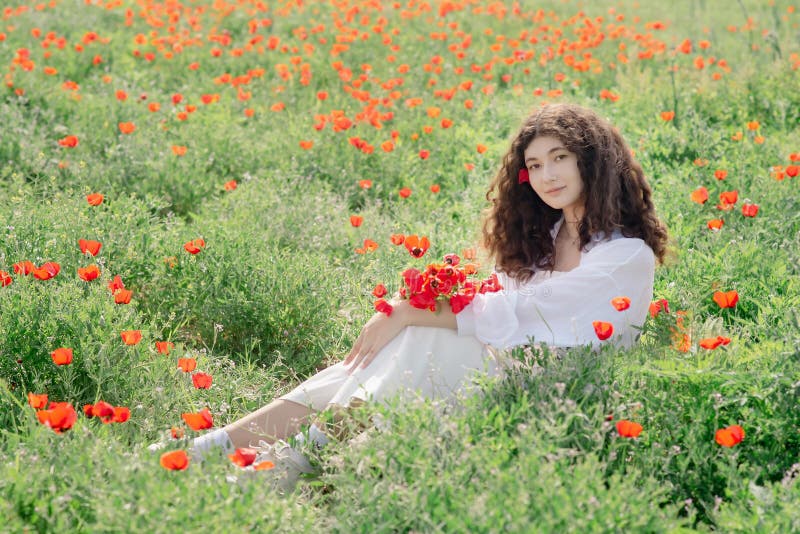 Model, Beautiful Woman Relaxing on Poppy Field, Springtime Stock Image ...