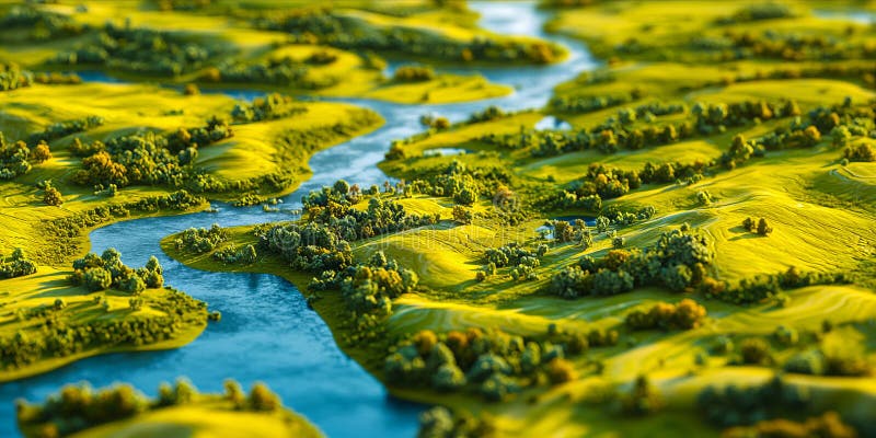 A Model of a River Running through a Lush Green Field Stock Photo ...