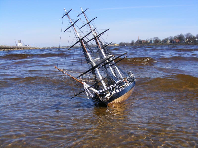 Model of Sailing Ship Swimming in River Stock Photo - Image of swim ...