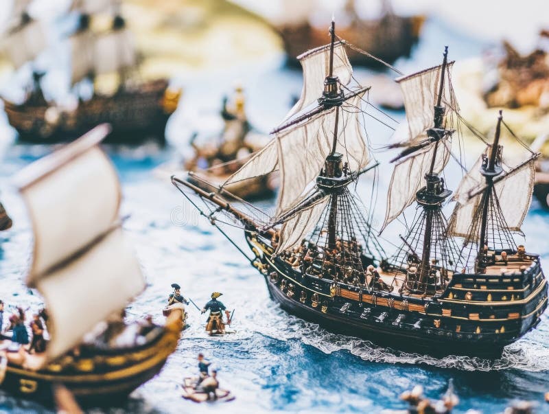 Model Ships with Intricate Details Set in Battle Formation on a Blue ...