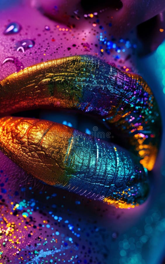 Model Flaunting Her Metallic Rainbow Lips Makeup Stock Photo - Image of ...