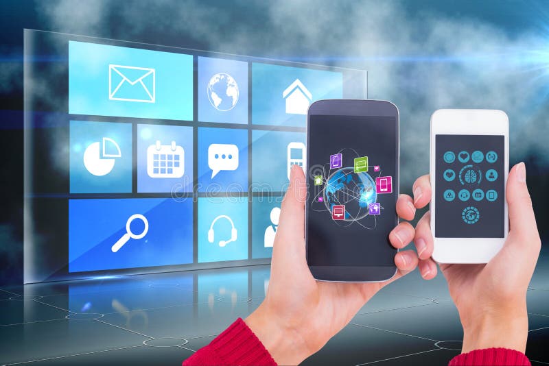 Model is Showing Smartphones Screen in Each Hand Against Digital ...