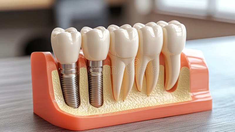 A Model Shows Dental Implants Alongside Artificial Teeth in a Brightly ...