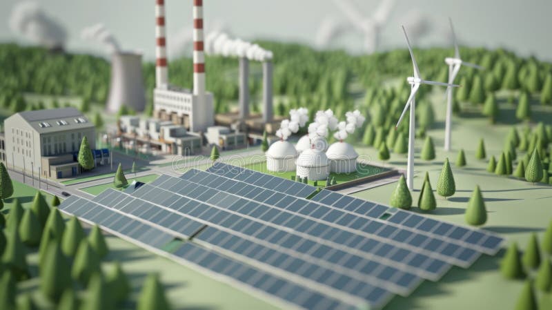 Solar Panel Farm with Wind Turbines and Power Plant Stock Photo - Image ...