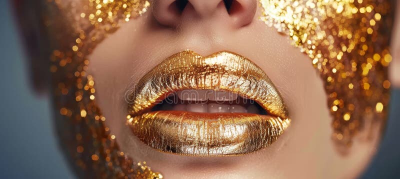 Model in Stunning Gold Liquid Makeup Drips on Lips and Nails for ...