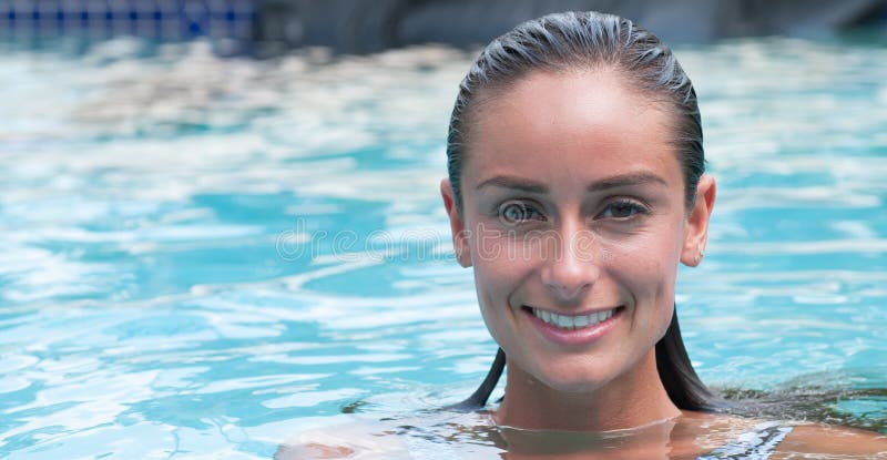 Woman in a One Piece Swimsuit at Poolside. Stock Image - Image of smile ...