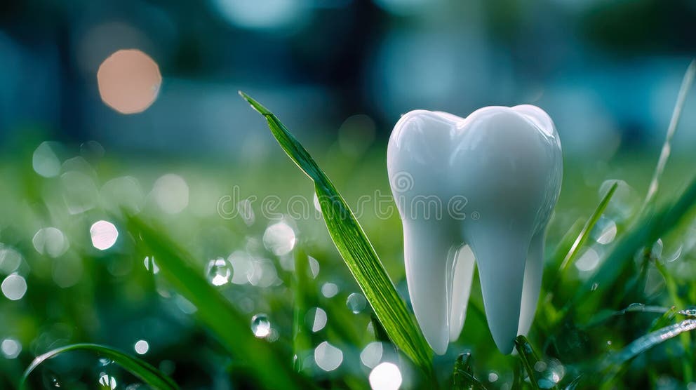 Model of a Tooth Standing Upright on Dewy Green Grass Stock Photo ...
