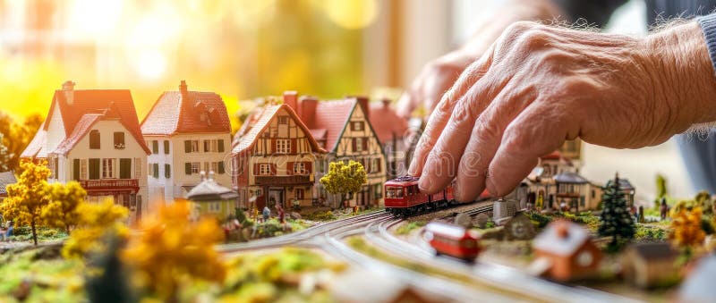 A Model Train is Carefully Arranged on a Miniature Landscape Setup ...