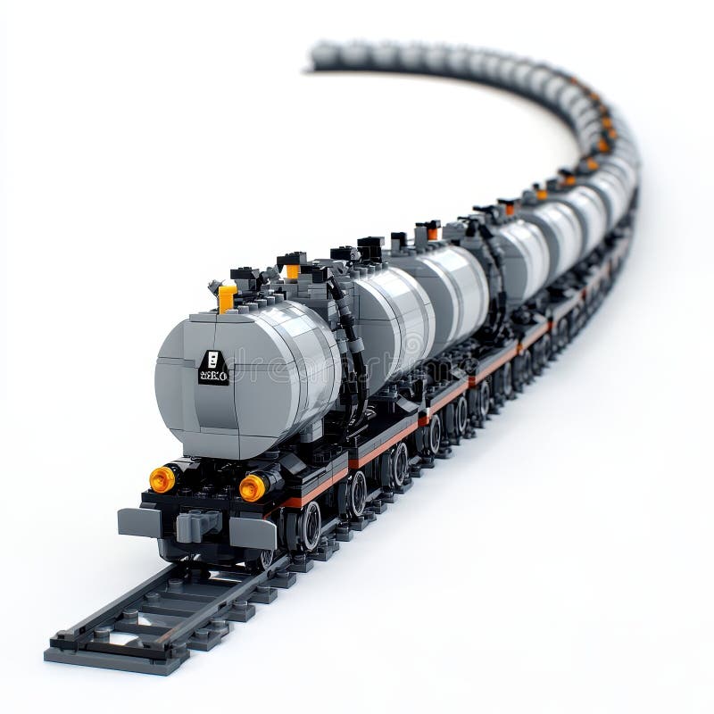 A Model Train Featuring Cylindrical Tank Cars on a Curved Track Stock ...
