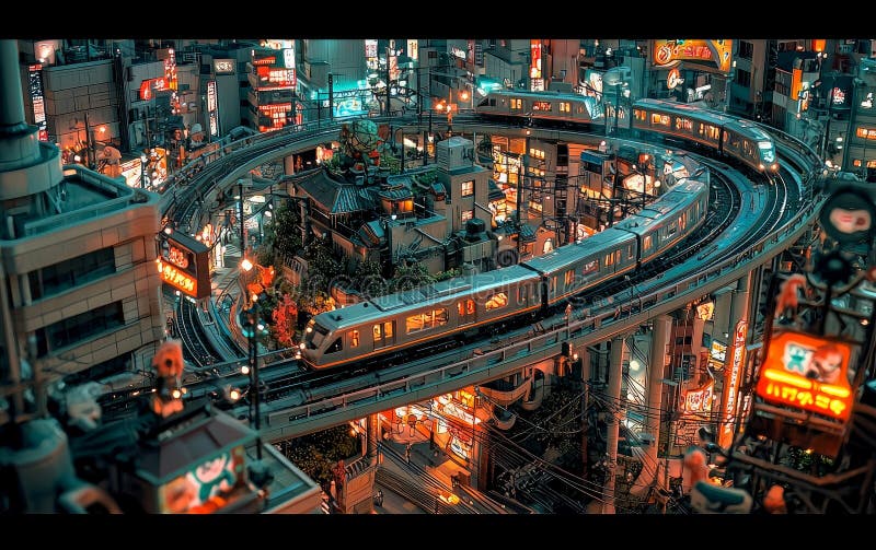 A Model Train Runs through a Miniature City Lit Up with Neon Lights ...