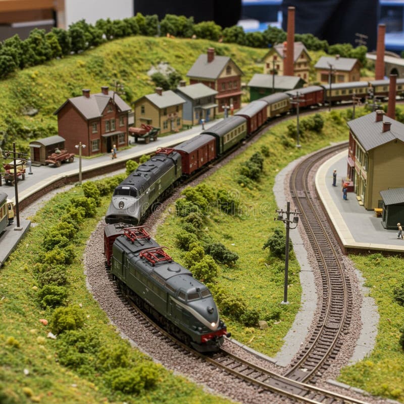 Model Train Set Featuring a Detailed Railway Landscape with Two Trains ...