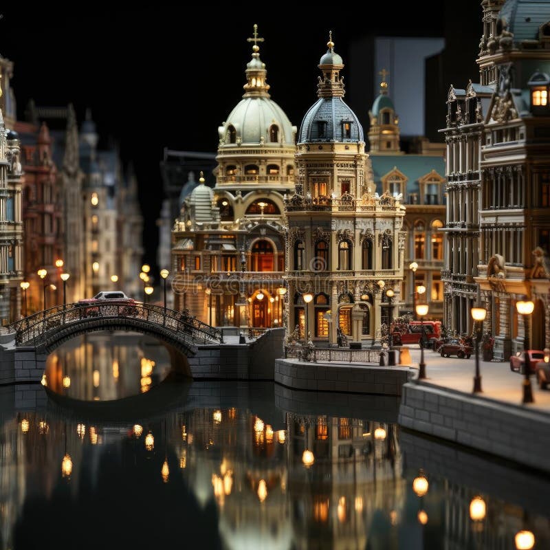 Model Train Set with Quaint European Village Scene Stock Illustration ...