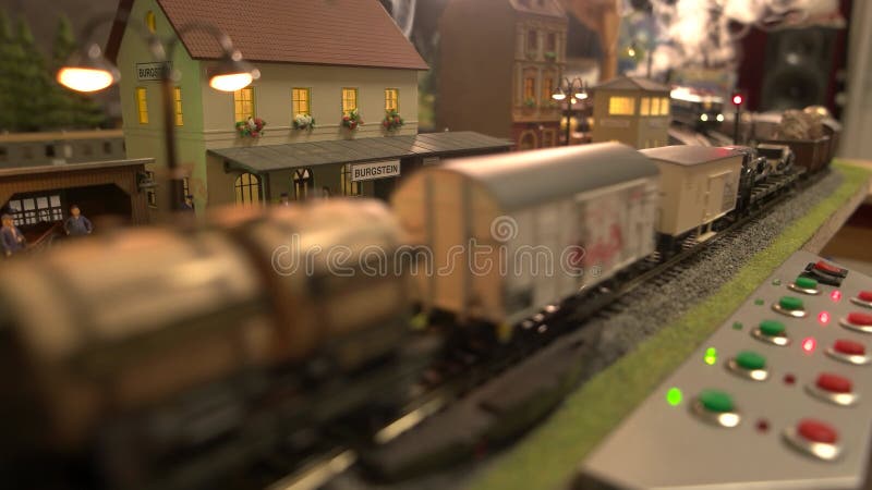 Model of Train Moving Along Railway Station. Stock Footage - Video of ...