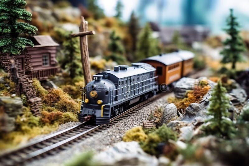 A Model Train on a Track Near a Small Building. Generative AI Image ...