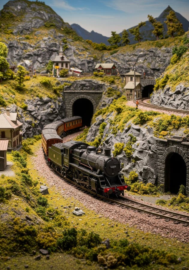 Model Train Winding through Mountainous Landscape Stock Illustration ...