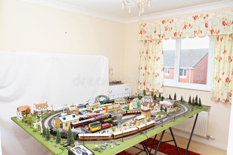 Model Railway Train Set in the Spare Bedroom Stock Image - Image of ...