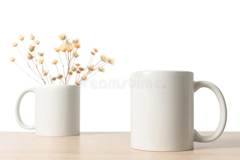 Model of Two White Mugs with Deadwood. on a Wooden Surface Stock Photo ...