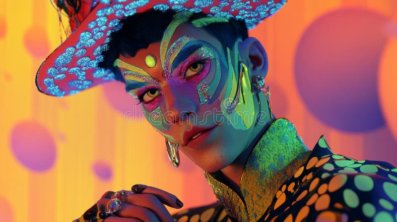 Model Wearing Creative Makeup and Eccentric Hat Posing in a Colorful Studio Stock Photo - Image ...