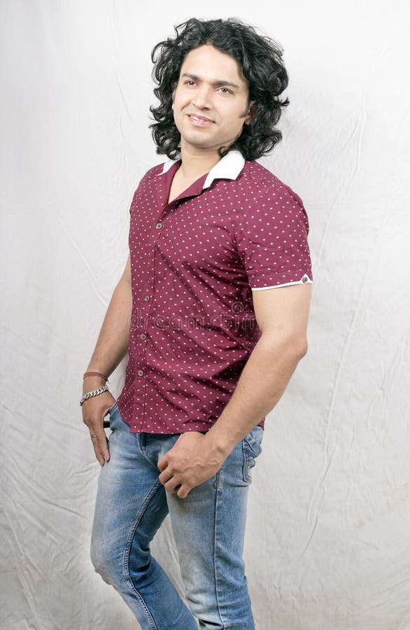 Model Wearing Red Shirt and Blue Jeans Stock Image - Image of attitude ...