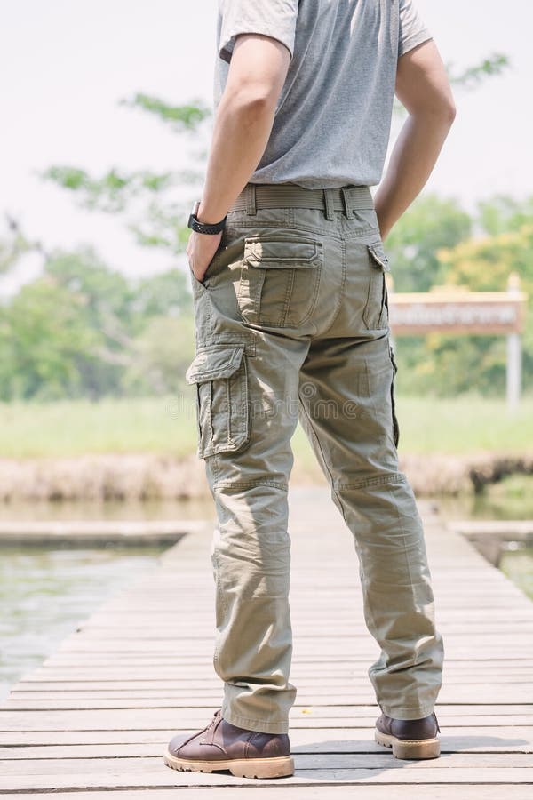 Model Wearing Sofe Green Color Cargo Pants or Cargo Trousers Stock ...