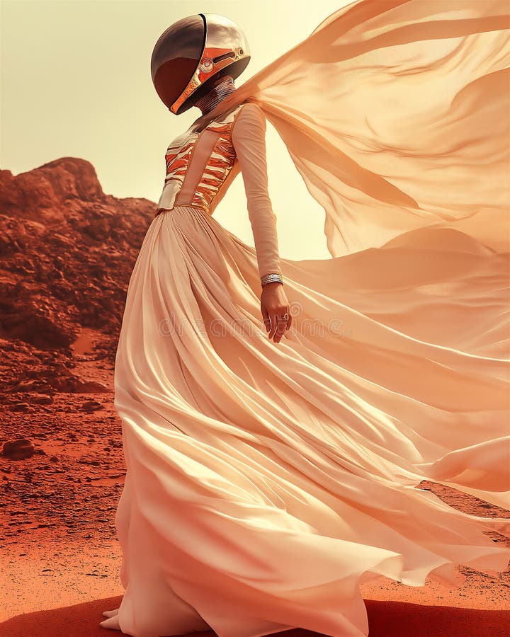 Model in Champagne Dress with Space Suit Elements on Martian Landscape ...