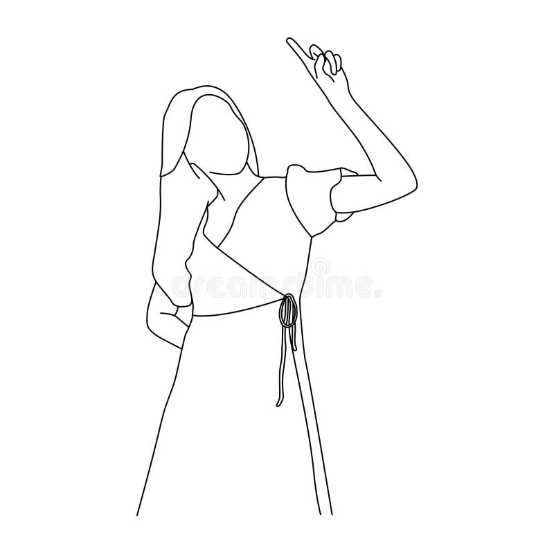 Line Art of a Woman Pointing Upward, Outline Drawing of a Female with ...