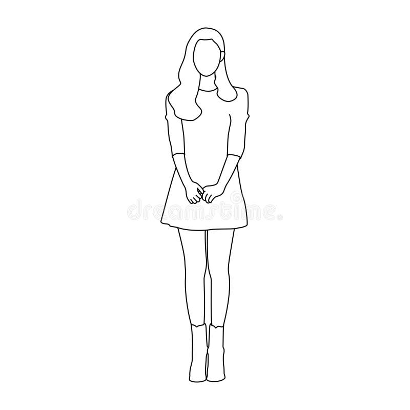 Line Drawing of a Shy Young Woman with Long Hair, Elegant Line Art of ...