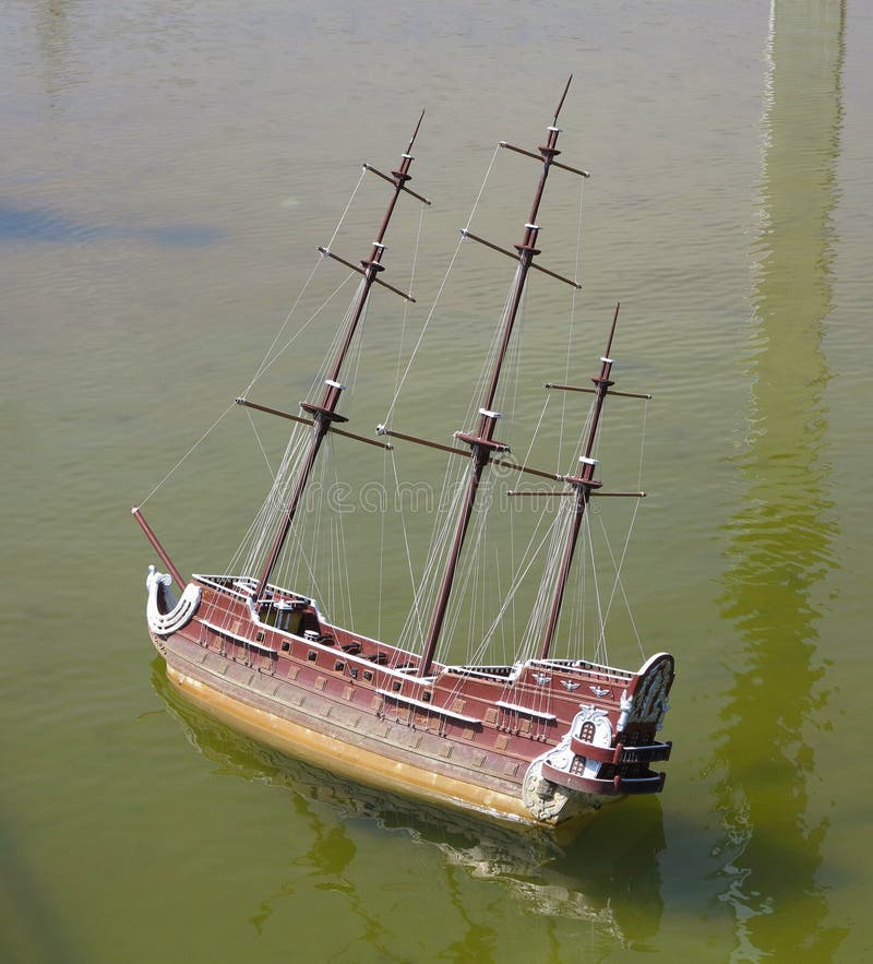 Model of the Wooden Antique Sailing Ship on Wated Stock Photo - Image ...