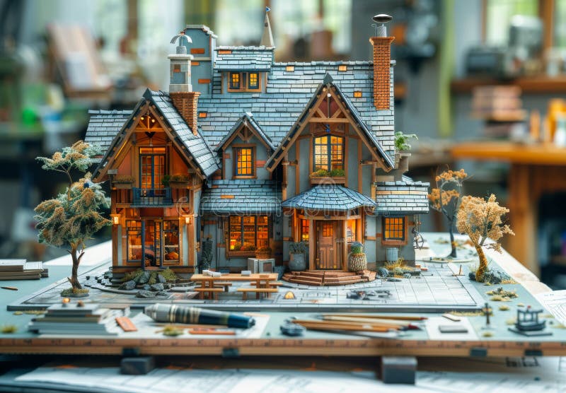 Model of Wooden House. Miniature House on the Table with Tools Stock ...