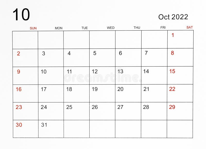 Modelo De Calendário De Outubro De 2022 Ilustração Stock - Ilustração ...