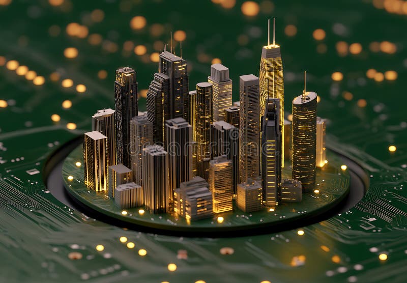 Modelo De Cidade Digital Na Placa De Circuitos Ilustração Stock ...