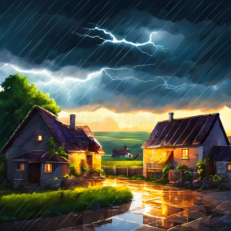 Moderate Thunderstorms with Lightning and Hail Over Futuristic Planet ...