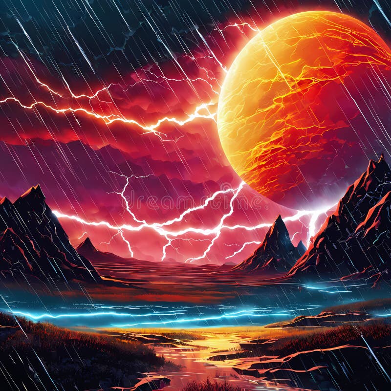 Moderate Thunderstorms with Lightning and Hail Over Futuristic Planet ...