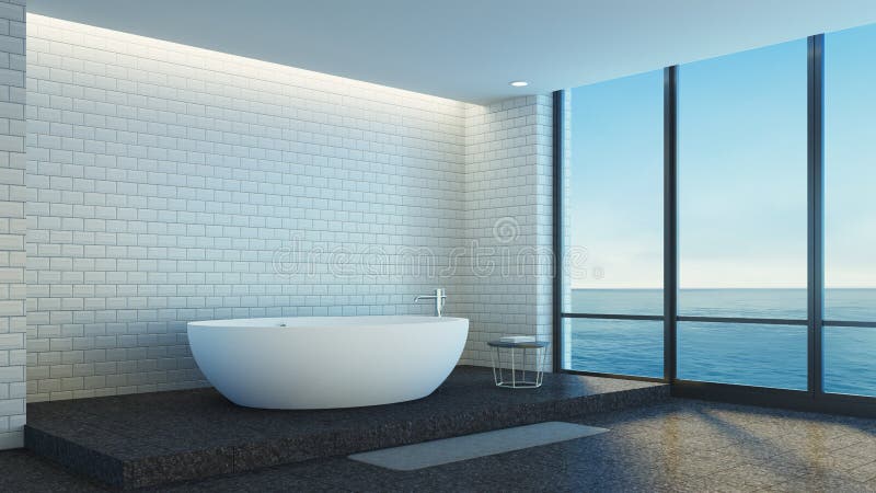 Moderm Luxury Bathroom Sea View - 3D Rendering Stock Illustration ...