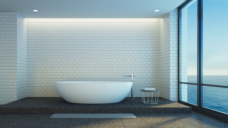 Moderm Luxury Bathroom Sea View - 3D Rendering Stock Illustration ...