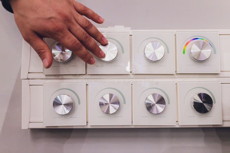 Moderm Switch Control in Hotel Room Finger Pressing Light Switch. Stock ...