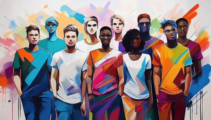 Modern Abstract Art Ten Persons Interacting in a Vibrant Mosaic of ...