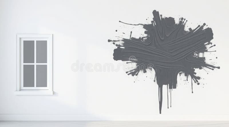 Modern Abstract Black Paint Splatter on a White Wall Next To a Window ...