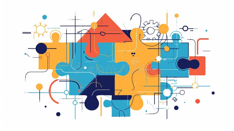 Modern Abstract Composition with Interlocking Puzzle Shapes, Circuit ...