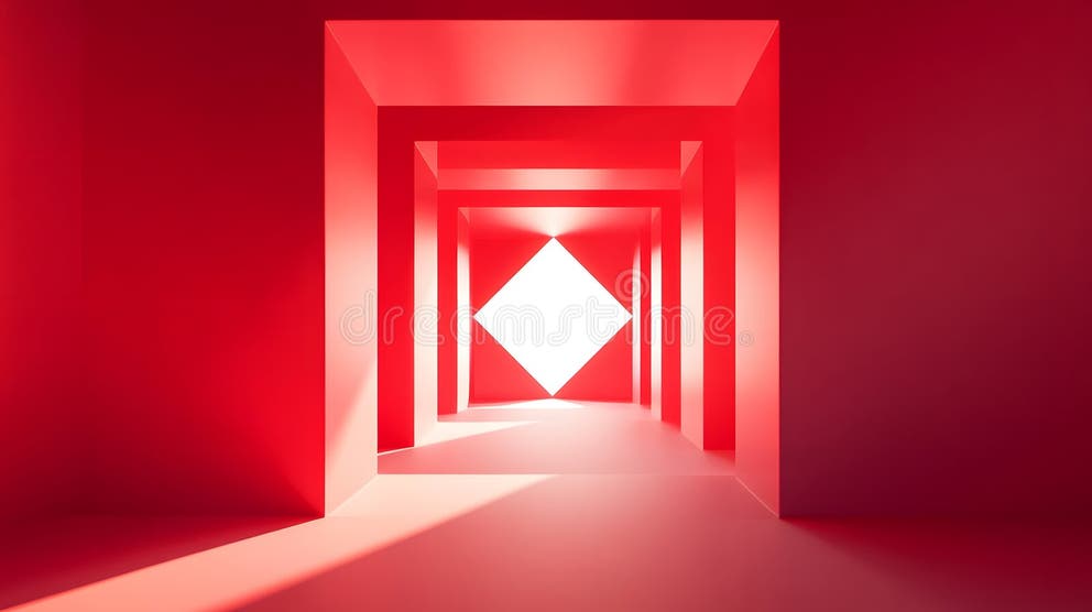 A Modern Abstract Corridor Featuring Vibrant Red Walls and a Light ...