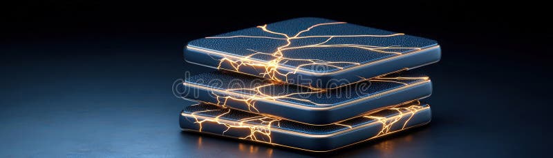 Modern Abstract Design of Three Futuristic Plates with Golden Cracks on ...