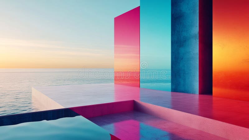 Modern Abstract Geometric Architecture with Sunset Over Ocean Stock ...