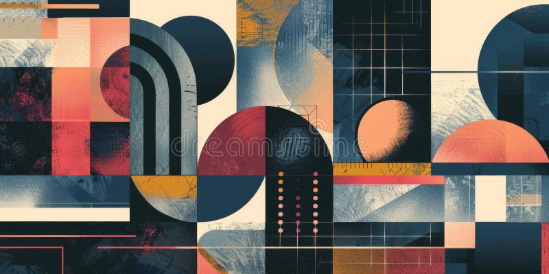 Modern Abstract Geometric Art with Circles, Arches, Squares on Textured ...