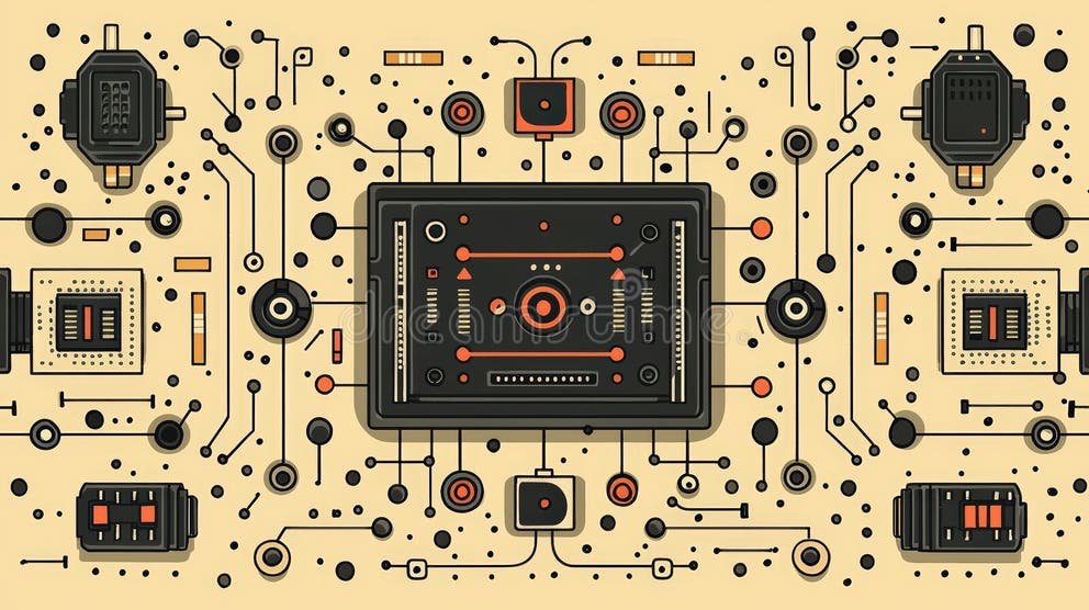 Modern Abstract Geometric Circuit Board Pattern with Black and Orange ...
